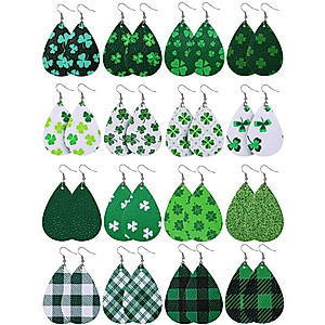 16 Pairs St. Patrick's Day Shamrock Dangle Earring Faux Leather Clover Drop Earrings Green Plaid Teardrop Earrings