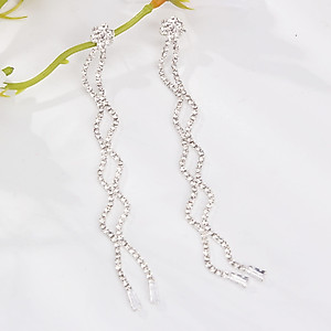Silver Extra Long Bridal Earrings for Bride on Wedding,Rhinestone Long Dangle Drop Earrings