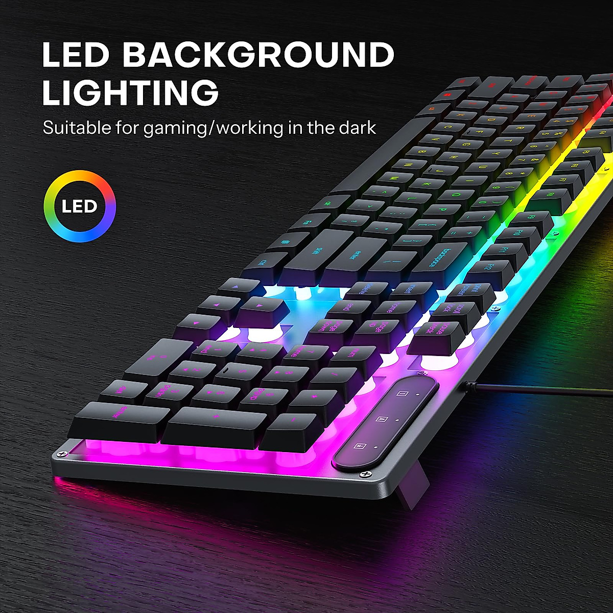 OMOTON Wired Gaming Keyboard, Full Size Keyboard, 26 Anti Ghosting Keys, LED Backlit, 12 Multimedia Keys, Silent Membrane Gaming Keyboard for PC, Desktop, Computer, Black