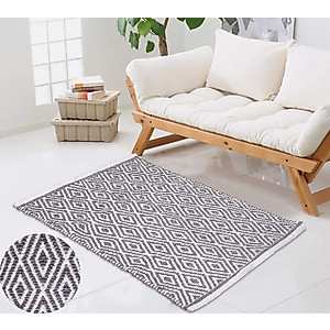 THE BEER VALLEY Cotton Diamond Rug 21x34 Inches - Grey, Reversible Machine Washable Accent Rugs for Bedroom, Kitchen, Entryway, Bathroom