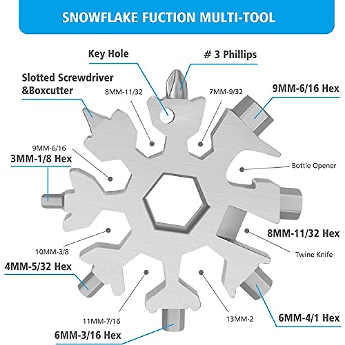 18-in-1 Snowflake Multi Tool, Gift for Boys Father/Dad Husband, Portable Stainless Multi-Tool Compact Snowflake Tool Multi Instrument Outdoor, DIY Handyman Hand Tools Christmas Gift (Sliver)