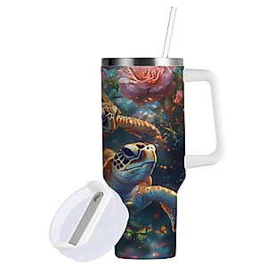 Slewiaeky Tumbler with Handle 40 oz Ocean Turtle Sea Travel Mug with Lid and Straw Butterfly Stainless Steel Vacuum Insulated Water Bottle Cup for Iced Tea Coffee Cold Beverages Cup Holder Friendly