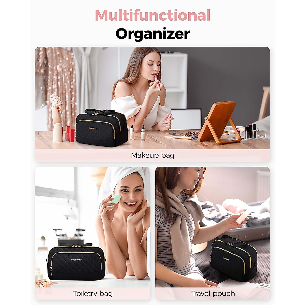 BAGSMART Travel Makeup Bag, Cosmetic Bag Organizer Case, Portable Makeup Travel bag for Women for Travel Accessories, Makeup Toiletry Bag with Dual-Zippered Large Wide-open and Handle-black