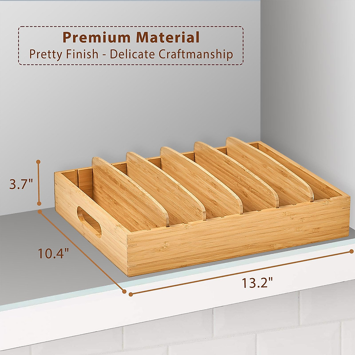 Umilife Kitchen Cabinet Organizer for Food Storage Container Lids, with Adjustable Dividers, Bamboo Drawer Caddy, Box for Kitchen Storage and Organization