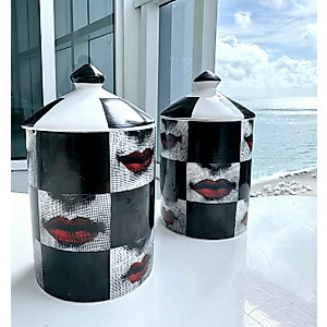 AlphaDesignLuxe Decorative Candle Holder Handcrafted Aromatherapy Candle Jar Italian Designer Décor Fashionable Tabletop Vase Modern Art Female Face Eyes Lips Centerpiece. (Red Lips Black Squares)