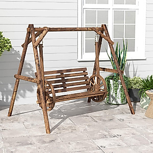 Outsunny 2-Seat Porch Swing with A-Frame Stand, Wooden Log Patio Swing Chair Bench with Wagon Shaped Armrests for Garden, Poolside, Backyard, Carbonized Brown