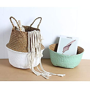 BlueMake Woven Seagrass Belly Basket for Storage, Laundry, Picnic, Plant Pot Cover, and Grocery and Toy Storage (Black, Large)