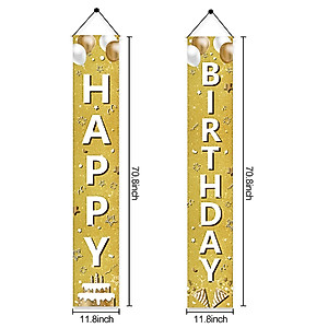 Gold White Happy Birthday Door Banner Decorations for Women Men, Golden Happy Birthday Porch Sign Party Decoration, White Gold 10th 16th 21st 30th 40th 50th 60th Bday for Outdoor Indoor