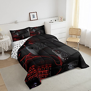 Feelyou Gamer Comforter Set for Boys Teens Kids Game Headphones Keyboard Mouse Gamepad Duvet Cover Twin Size Black Red Gaming Bedding Set Game Peripherals Decor Quilted Duvet Set with 1 Pillow Sham