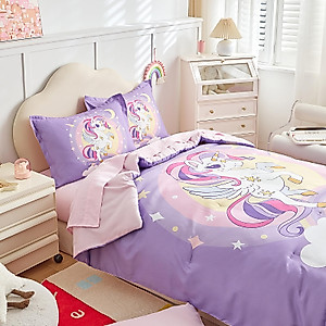 Girls Bed in a Bag Full Size Purple Unicorn Comforter Set with Rainbow Star - Soft Microfiber 7 Pcs Bedding Set (1 Comforter 2 Pillow Shams 1 Flat Sheet 1 Fitted Sheet 2 Pillowcases)