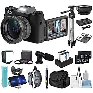 Acuvar 4K 48MP Digital Camera Kit for Photography, Vlogging for YouTube w/Flip Screen, WiFi, Wide Angle Lens, Filters, 2X 64GB Micro SD Cards, 50" Tripod, Case, Card Reader, Microphone, LED & More