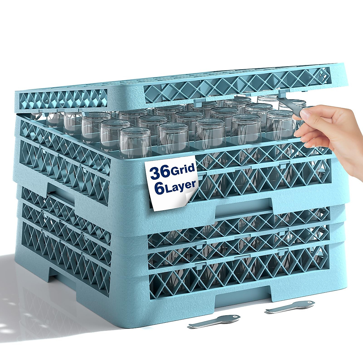 WantJoin 2 Pack Glass Rack 36 Compartments with 2 Extenders,Commercial Dishwasher Rack for Kitchens and Restaurants Bar Storage, Polypropylene (PP), 19.5 x 19.5 x 7.1 Inches, Blue