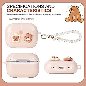 Cute AirPod Pro 2 Case with Pearl Wrist Chain Flower Bear Design Soft Protective Cover Compatible with AirPods Pro 2nd Generation 2022 Case for Women and Girls (Brown)