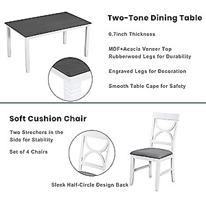 LUMISOL 6 Piece Dining Table Set Farmhouse Style Soild Wood Kitchen Dining Set with Chairs and Bench for 6 Persons, Rectangle Table with Upholstered Chair and Bench, Gray+White