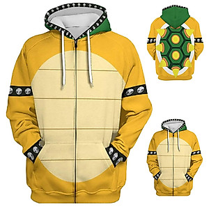 JMOBEU Bowser Cosplay Costume Hoodie,Bowser Costume Hoodie 3D Printed Hooded Sweatshirt Movie Pullover For Adult and Men(yellow+zipper,S)