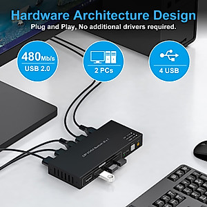 KVM Switch DisplayPort 2 Port 4K 60Hz USB2.0 DP 1.2 for DP KVM Switches 2 PC 1 Monitor Switch Support Wire-Desktop Controller Including 2 USB2.0 Cable