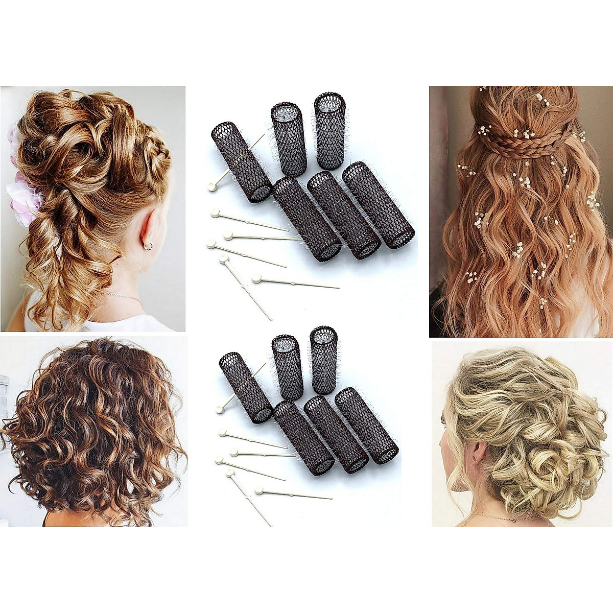 12 pc Vintage Style Hair Rollers BRUSH ROLLERS & 12 PINS - Mesh Hair Curlers with Bristles 3"x 7/8" (12 Large Rollers & Pins)