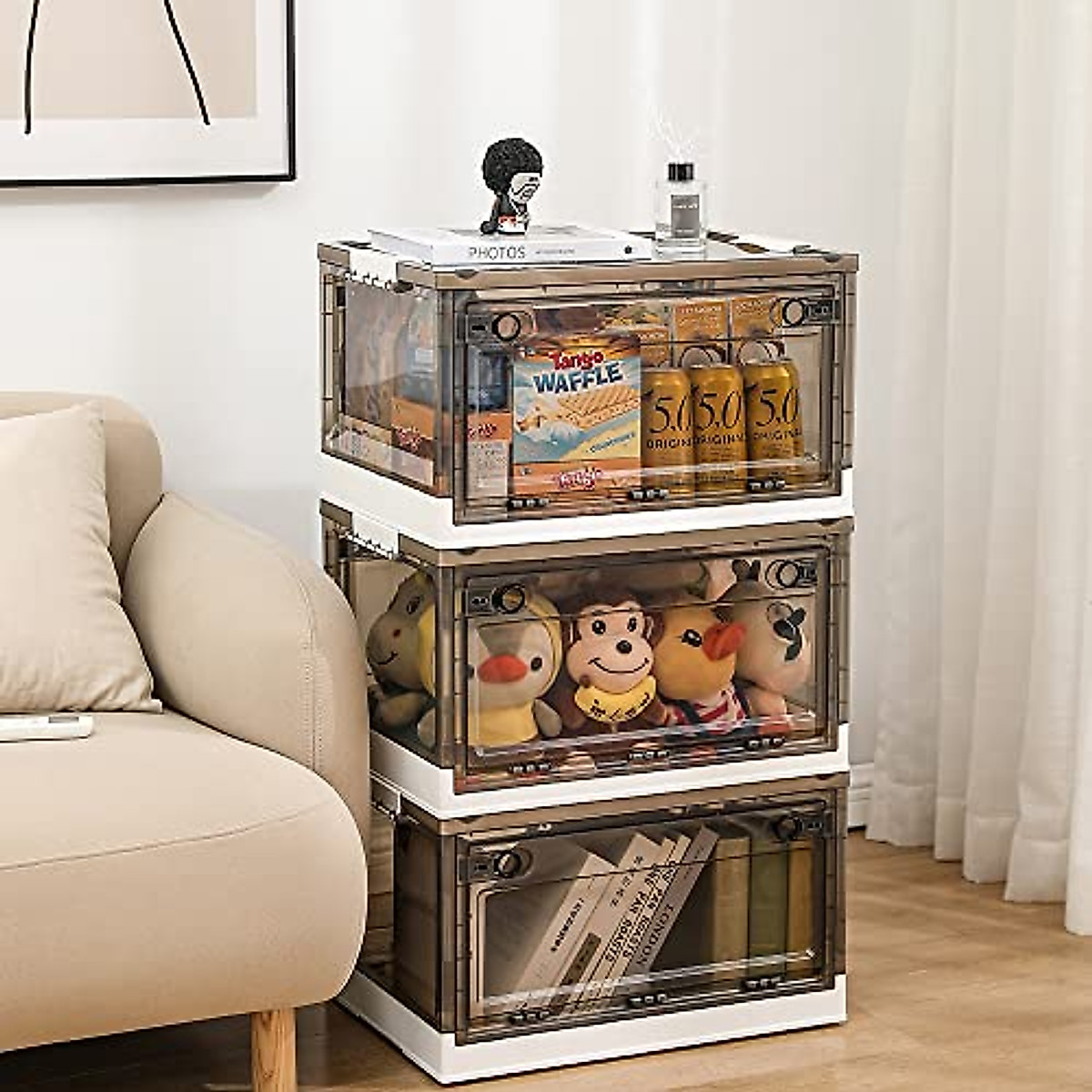 56 Quart Collapsible Storage Bins with Lids, Clear Stackable Lidded Storage Box with Wheels, Plastic Storage Container with 2 Doors, Storage Organizer with Attached Lid (Extra Large, Brown)