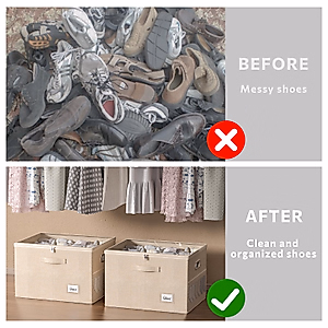 2 Pack Shoe Organizer for Closet Large Shoe Box Storage Containers with Clear Window Space Saving Shoe Bin with Foldable Bottom Support Adjustable Dividers Fits 32 Pairs (Beige, (19.7x15.7x13inch)x2)