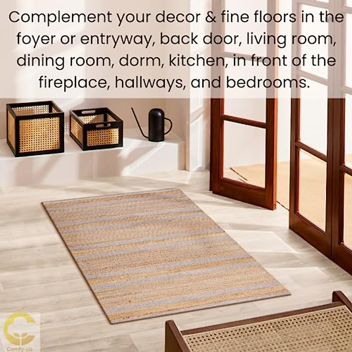 Comfy-co Area Rug 2x3 ft - Hand-Woven Jute Cotton Area Rug Boho Farmhouse Rustic - Non Slip Floor Rug for Bedroom Living Room Kitchen Dorm Entryway Hallway - Area Rug Natural/Grey