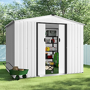 CrownLand Outdoor Vented Backyard Garden Storage Shed 6X8 Feet Tool House with Sliding Door Outdoor Lawn Steel Roof Sheds (White)