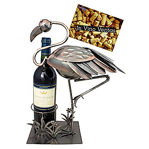BRUBAKER Wine Bottle Holder 'Flamingo' - Table Top Metal Sculpture - with Greeting Card