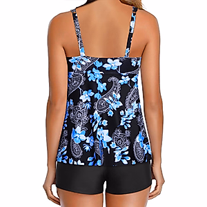 Holipick Blue Paisley Two Piece Tankini Swimsuits for Women Tummy Control Bathing Suits Flowy Swim Tank Top with Boy Shorts XL