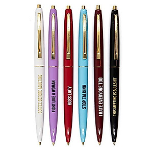 Snarky Boss Lady Pen Set in Brilliant Multicolor - Set of 6 Refillable Black Ink Ballpoint Click Clic Pens