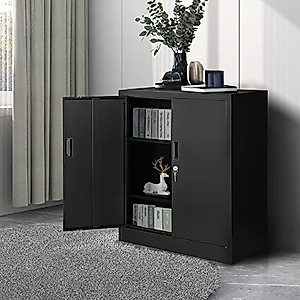 Wanfu Metal Storage Cabinet with Locking Doors and Adjustable Shelves, 36.2" H Steel Storage Cabinet for Garage, Home, Office, Utility Room-Black