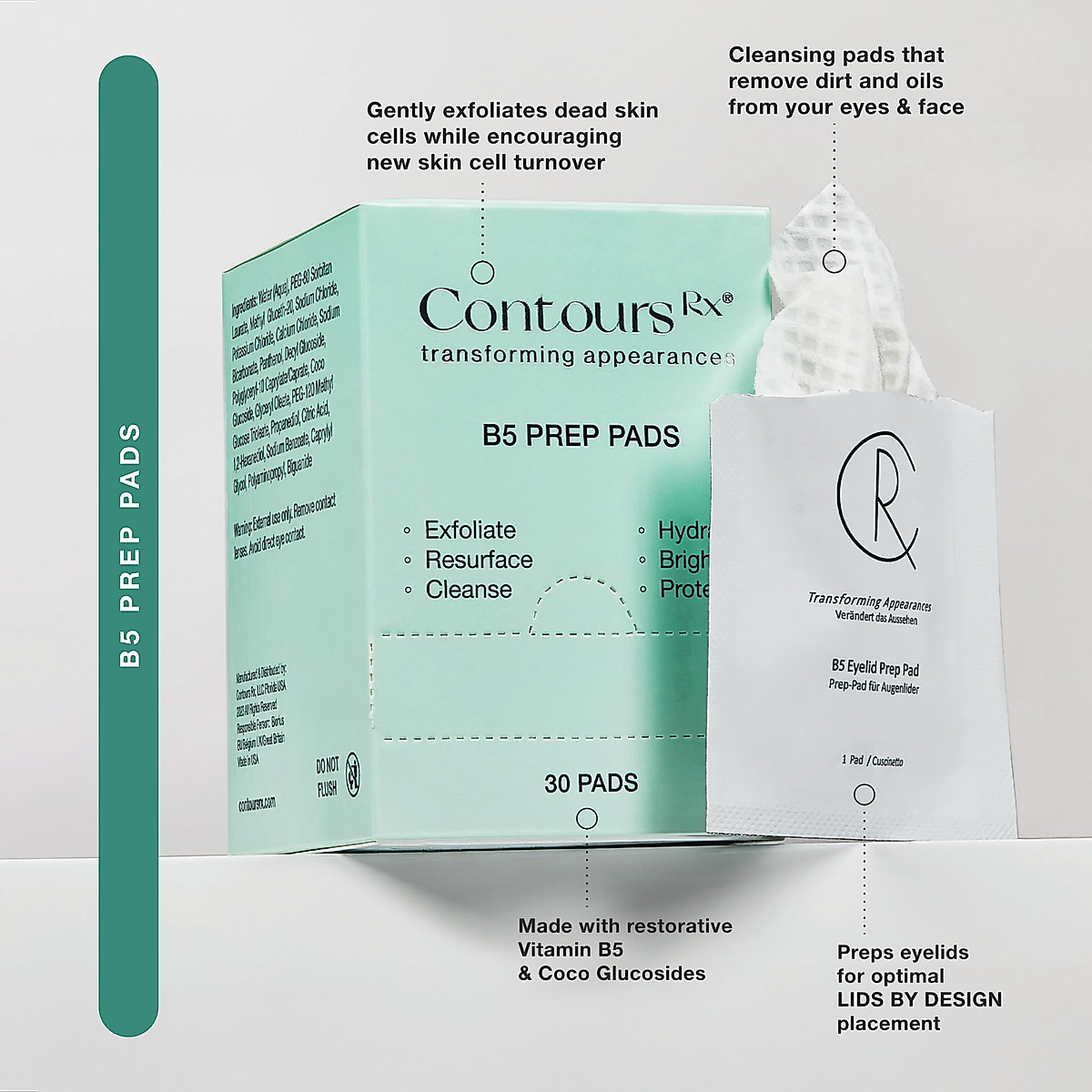 Contours Rx B5 Eyelid Prep Exfoliating Pads - Everyday Eyelid Cleansing Wipes & Makeup Remover Pads - Restorative Vitamin B5 Eyelid Cleanser Prep Pads to Brighten, Nourish & Hydrate (30 Pack)