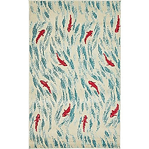 Unique Loom Positano Collection Coastal Modern Bright Colors Fish Beige Area Rug (3' x 5')
