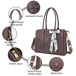 MOSISO Laptop Bag for Women, 15.6-16 inch PU Leather Tote Bag Compatible with MacBook, HP, Dell, Asus Notebook, Front Embossed Retro Hibiscus Computer Bag with Silk Scarf&Clutch Purse, Slate Purple