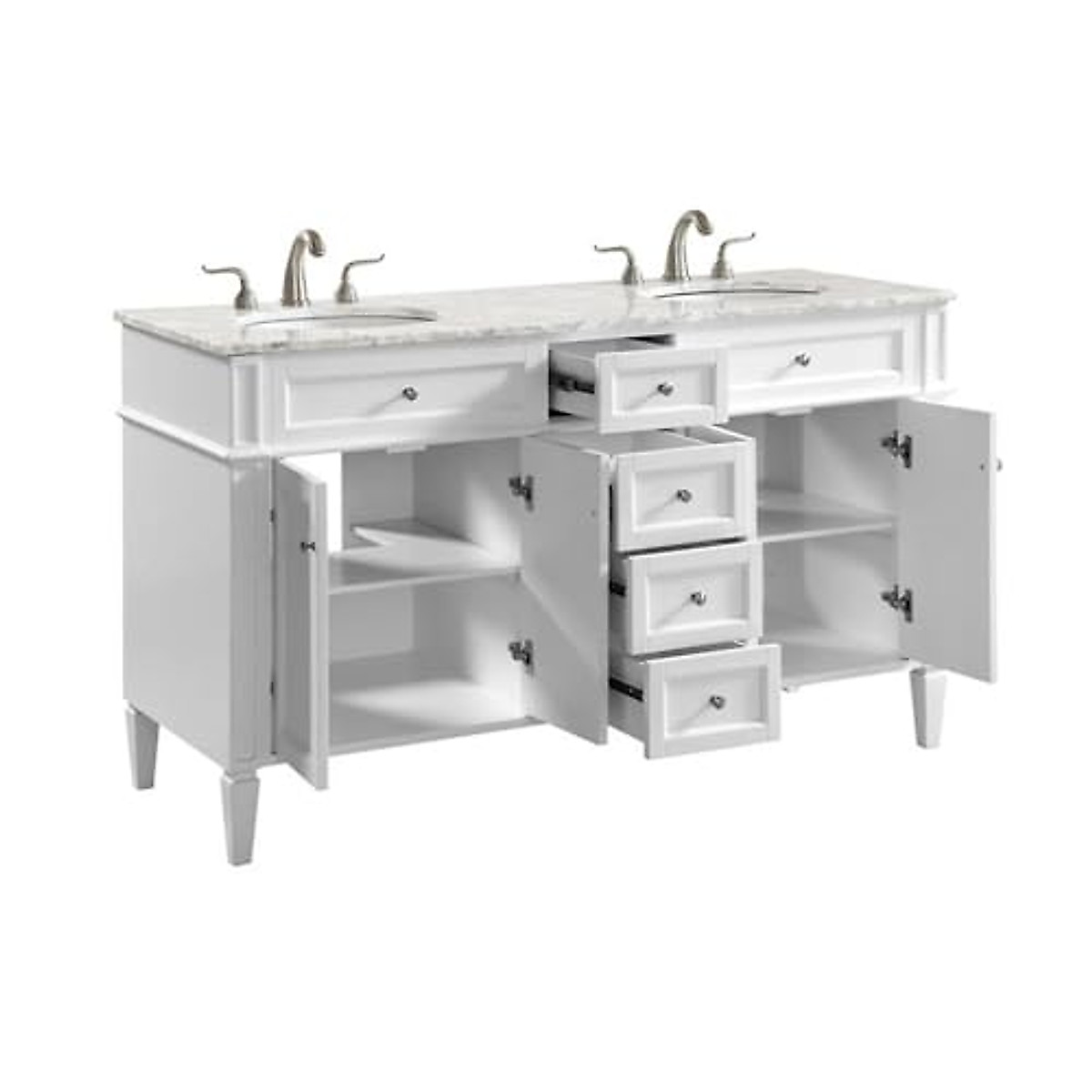 Elegant Kitchen and Bath 60 inch Double Bathroom Vanity Cabinet Set with White Marble Countertop - White