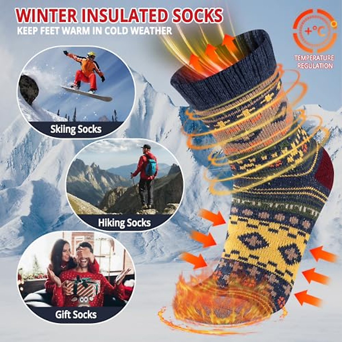 COOVAN Mens Wool Socks 5 Pairs Warm Thick Winter Wool Socks for Men Hiking Cozy Knit Thermal Crew Socks