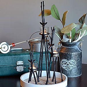 Rustic Reindeer Votive Candle Holders, Set of 3, Handmade, Forged Black Aluminum, Glass Cups, 10.25, 14.25, and 20 Inches