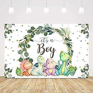 5x3ft It's a Boy Backdrop Baby Shower Cartoon Dinosaur Cactus and Eucalyptus Leaves Photography Background Kids Party Supplies Cake Table Decor Banner Photobooth Props Gift Favors, Green (ELH0C430UU)