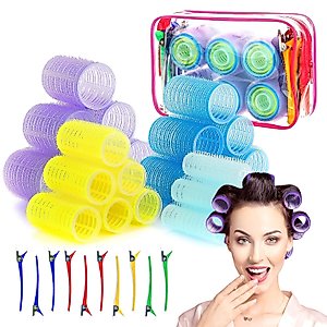 34 Hair Curlers Rollers Set, 4 Size No Heat Hair Roller for Short Medium Long Hair, Include 10 Hair Clips for Women DIY Curly Hairdressing (20/28/36/44mm) Blue