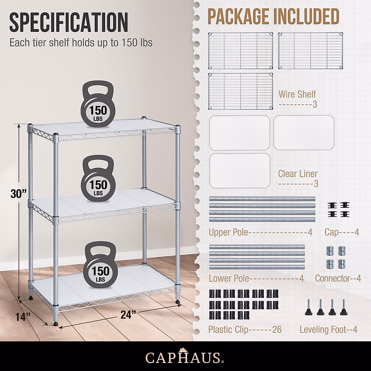 CAPHAUS NSF Adjustable Shelves Metal Wire Shelving Unit w/Liners, Kitchen Storage Shelving, Metal Steel Storage Shelving, Garage Shelving Storage Organizer, Utility Shelf, 3-Tier No Wheels, Silver