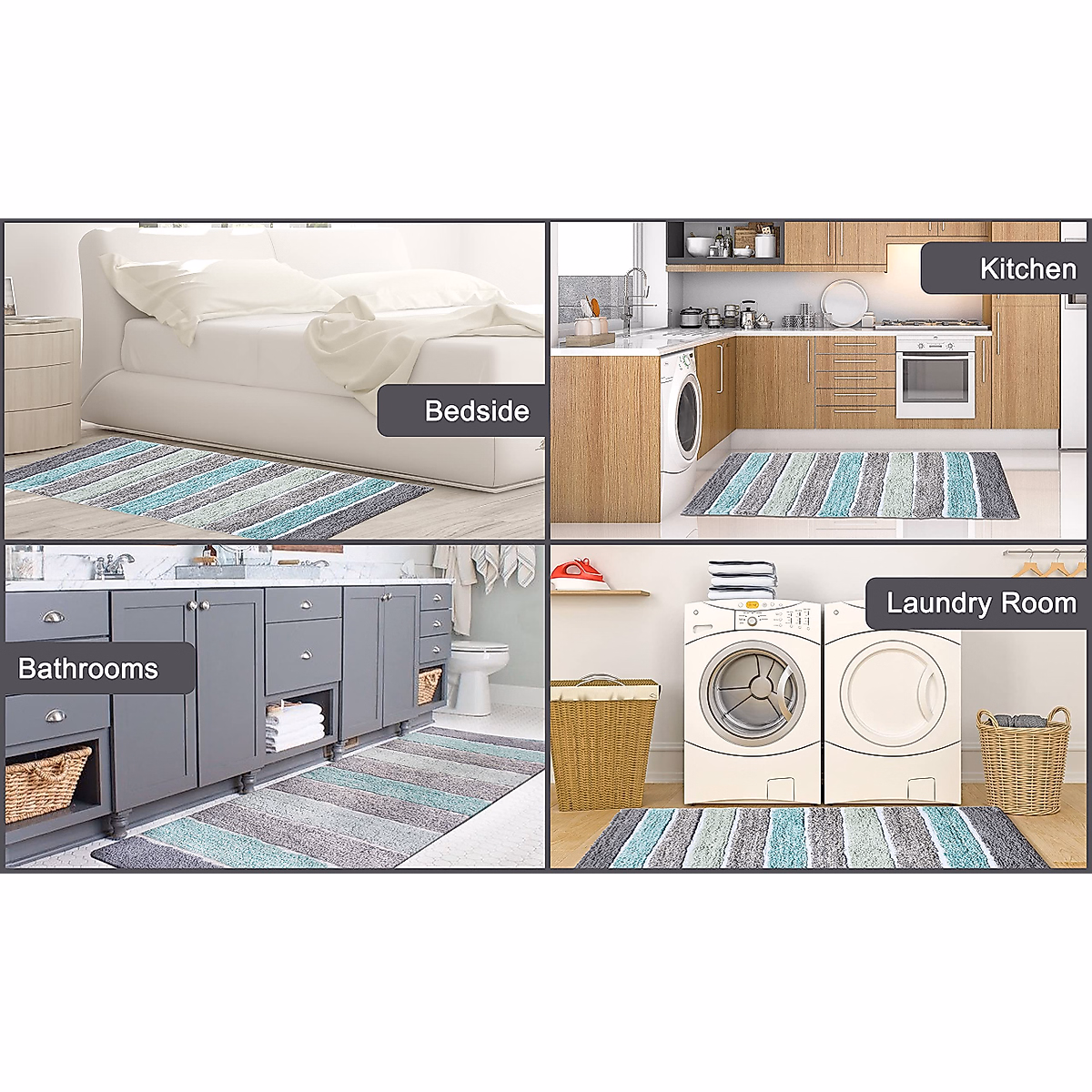 Chardin home Cordural Stripe Bath Rug Runner with Skid Resistant Latex Spray Underneath. Mint Green/Grey, 24" W x 60'' L