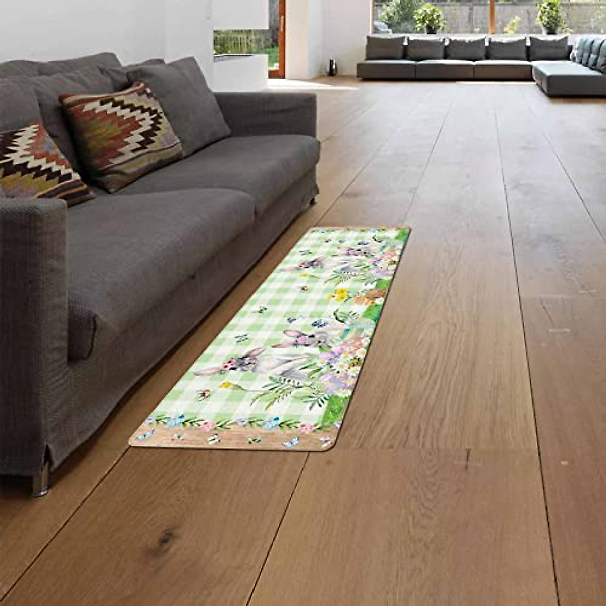 Greday Plaid Green 2 PCS Cushioned Anti-Fatigue Kitchen Mats and Rugs,Spring Holiday Colored Eggs Easter Egg Bunny Daisy Floral Absorbent 18inchx 30inch+ 18inchx 48inch