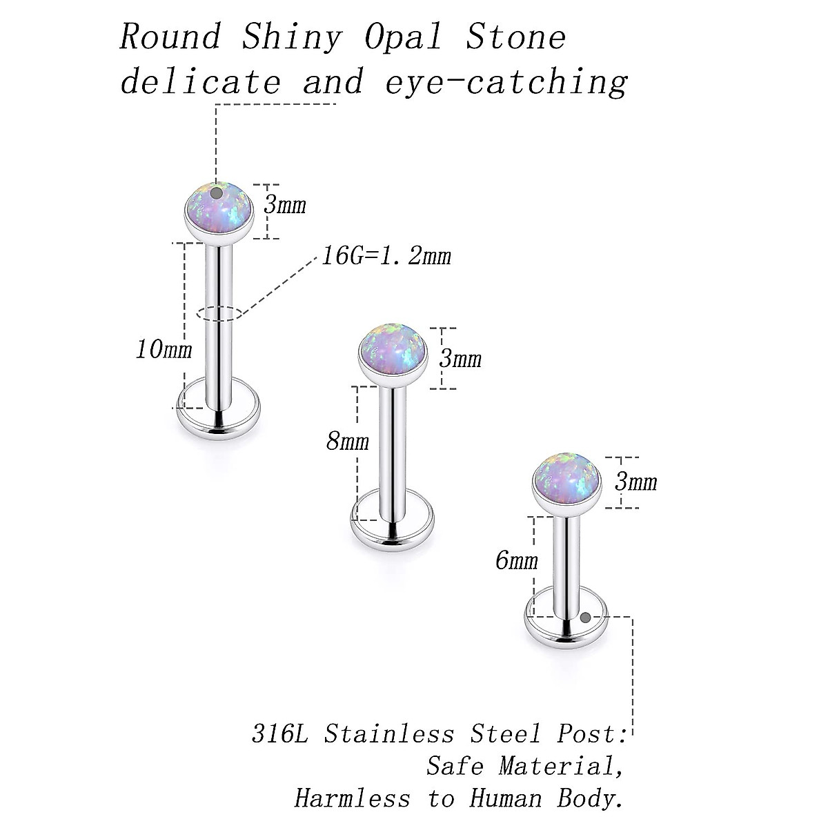 16G Lip Rings For Women Stainless Surgical Steel Labret Jewelry Monroe Lip Ring Medusa Piercing Jewelry Tragus Helix Cartilage Forward Earring Piercing Jewelry For Women Pink Opal 3MM Silver 10MM