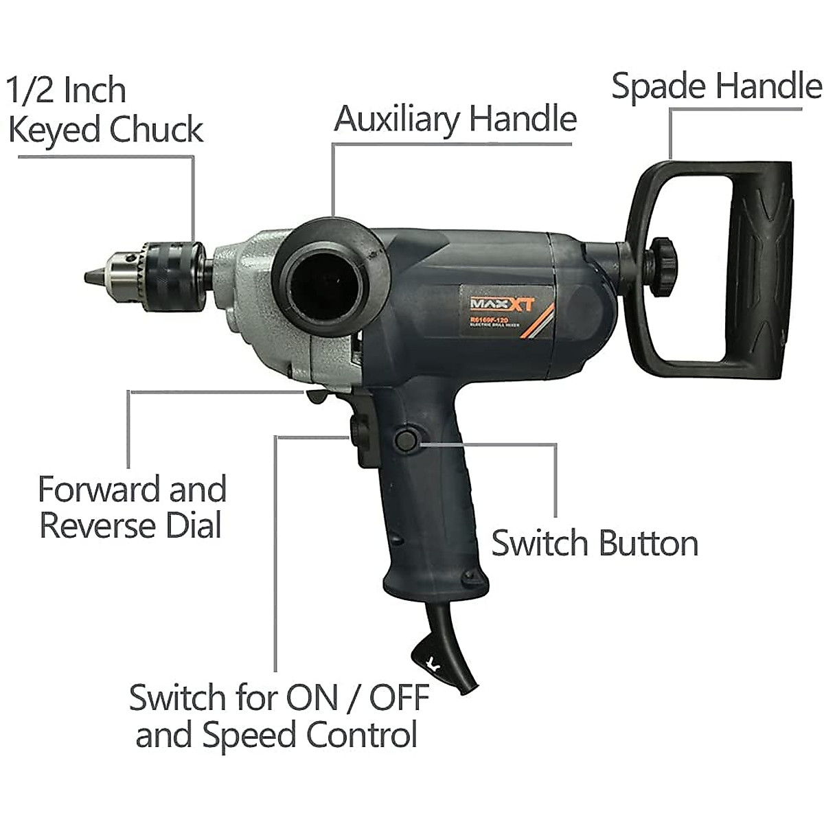 MAXXT Drill Mixer Set with Spade Handle 1/2 inch Electric Corded Mixing Drill Machine 9A Motor Concrete Mud Mixer
