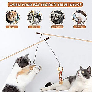 3 PCS Cat Wand Toys, 16 Inch Natural Wooden Cat Teaser Wand Toys with 5 PCS Silvervine Sticks for Cat, Interactive Cat Feather Wand Toy for Indoor Cats, Elastic String Cat Pole Toy with Bell, Feather