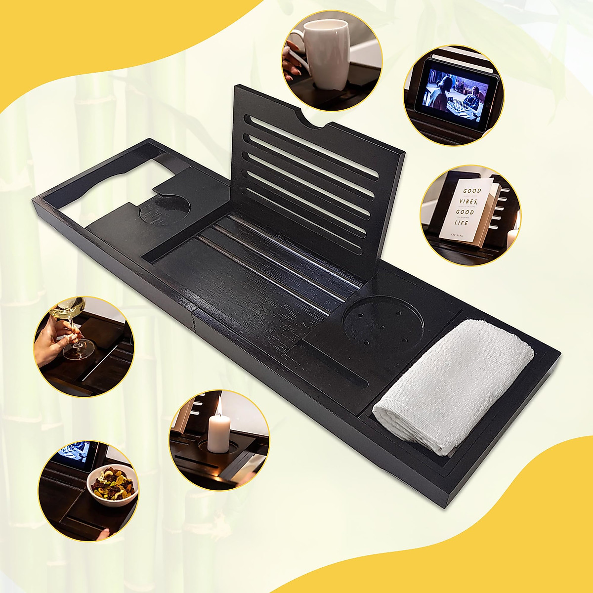 Enlux Premium Bathtub Tray Caddy - Expandable Bath Tray - Unique House Warming Gifts, New Home, Anniversary & Wedding Gifts for Couple, Bridal Shower Gift for Women (Black)