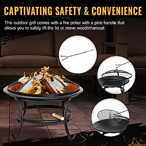 LEMY 22 Inch Outdoor Firepit Wood Burning BBQ Grill Steel Firepit Bowl for Patio Backyard Garden Camping Picnic Bonfire w/Spark Screen Cover, Log Grate, Fire Poker