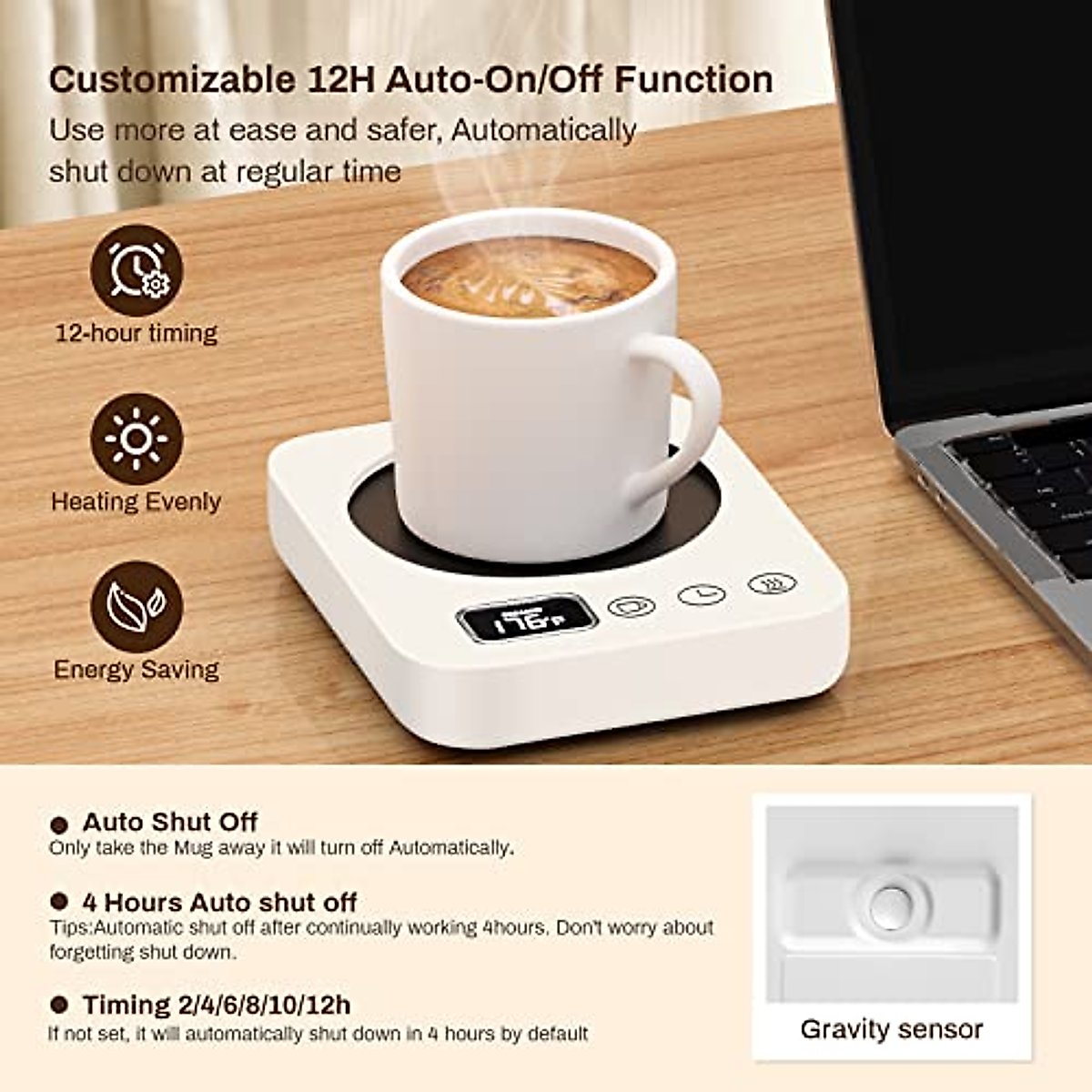 Misby Mug Warmer, Upgrade Coffee Warmer for Desk with 3 Temperature Settings, Fast Heating Cup Warmer 12H Timer, 4H Auto Shut Off, Gravity Sensor, Keep Best Temp for Tea,Beverage,Milk,White