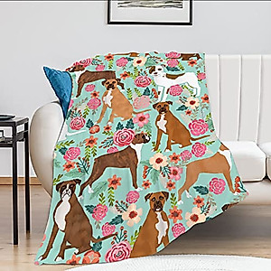 Boxer Dog Flowers Florals Blanket Soft Fleece Throw Blanket Cozy Fuzzy Warm Flannel Blankets for Women Men for Couch Bed Sofa All Season Gift