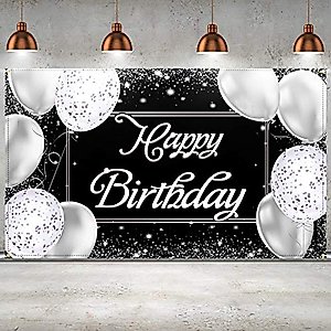 Happy Birthday Backdrop Banner Black and Silver Photography Background Happy Birthday Banner Large Birthday Party Sign Poster Photography Backdrop Party Decoration Supplies for Men and Women