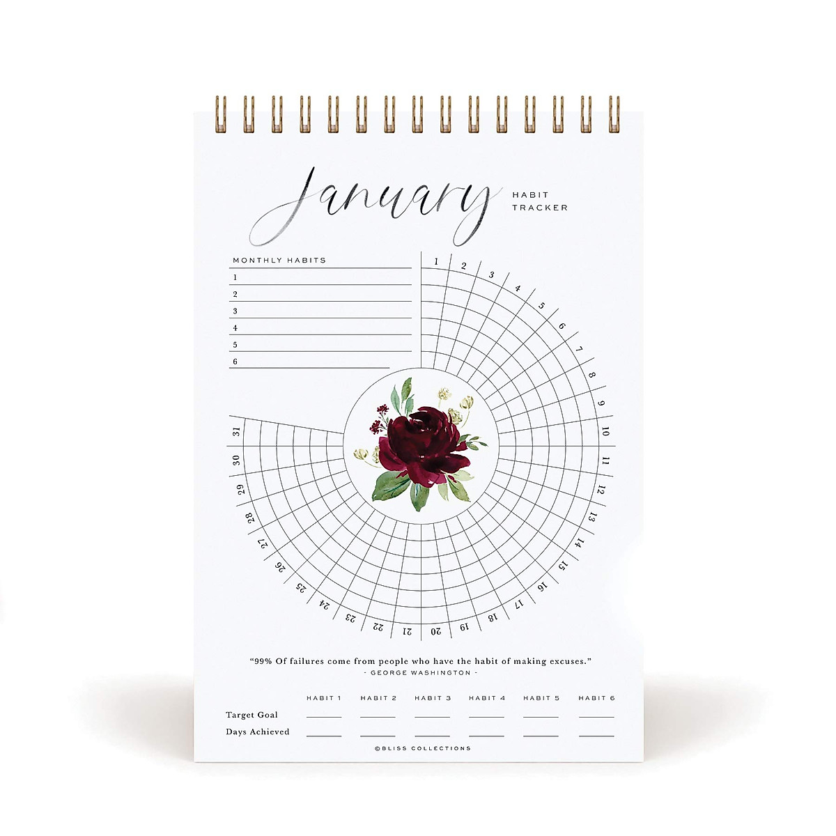 Bliss Collections Habit Tracker Calendar Notepad, Botanical Floral, Gold Spiral Binding, Inspirational and Motivational Monthly Journal to Track Habits and to Help with Goals, 6"x9" Undated 12 Months