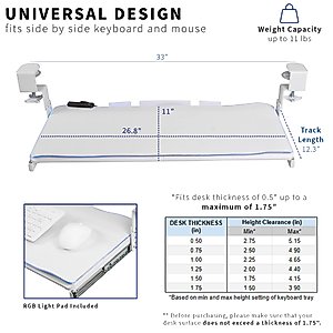 VIVO Large Height Adjustable Under Desk Keyboard Tray with RGB LED Light Mouse Pad, C-clamp Mount, 27 (33 with Clamps) x 11 inch Slide-Out Platform Computer Drawer for Typing, White, MOUNT-KB05GPW
